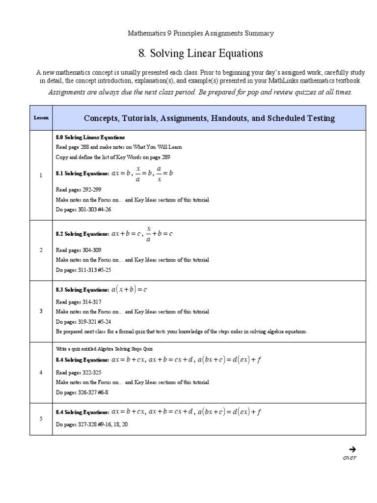 8 Solving Linear Equations | PDF | Quiz | Equations