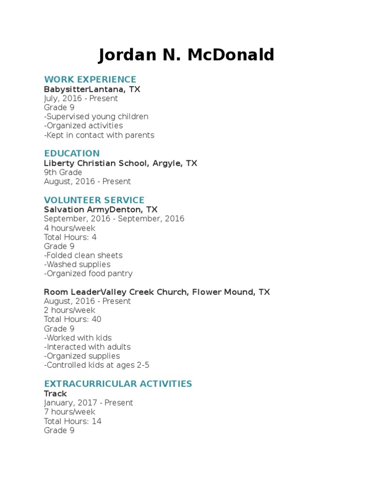 Jordan McDonald's 9th Grade Resume | PDF | Religion & Spirituality