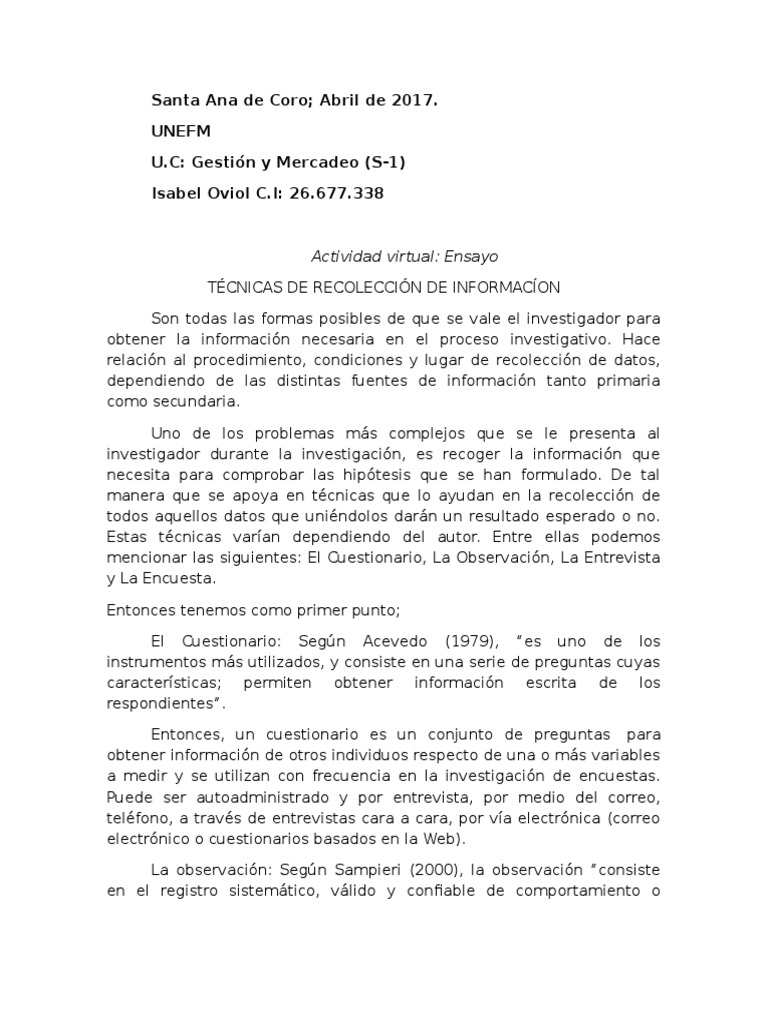 Tecnincas de Recol de Infor | PDF | Cuestionario | Observación