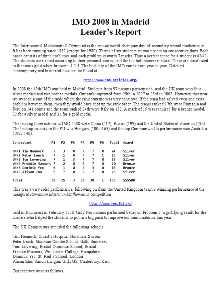 IMO 2008 Madrid Leader's Report | PDF | Teaching Mathematics | Science