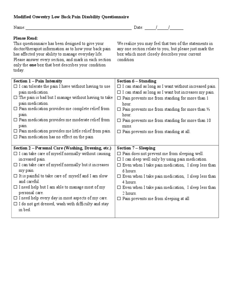 Modified Oswestry Low Back Pain Disability Questionnaire | PDF ...