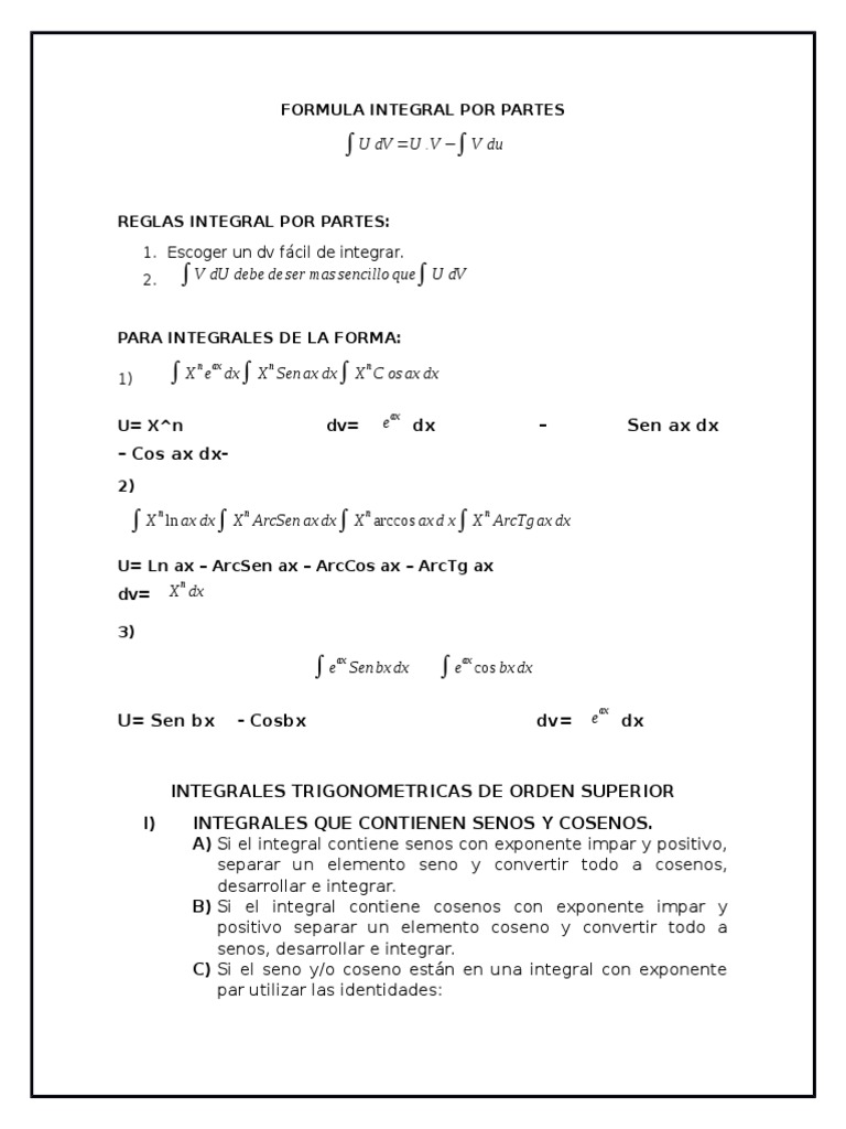 Formulario de Integral Por Partes | PDF | Integral | Teoría del operador