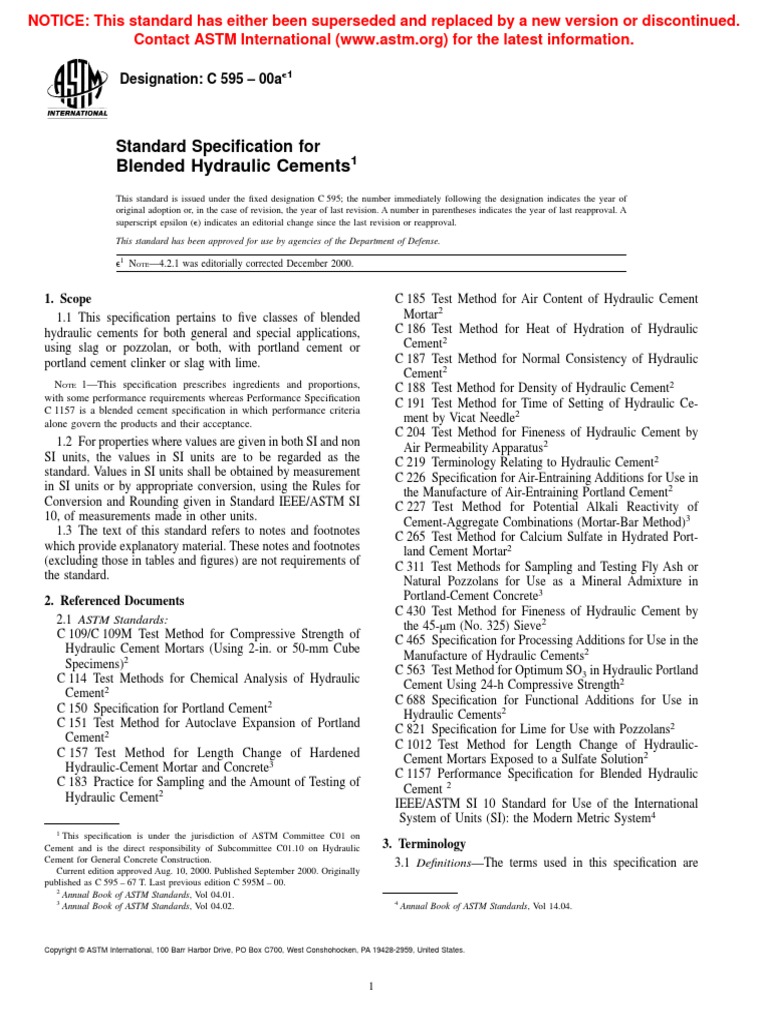 C 595 - 00 Norma ASTM Materiales Cemento / Cement Classification | PDF ...