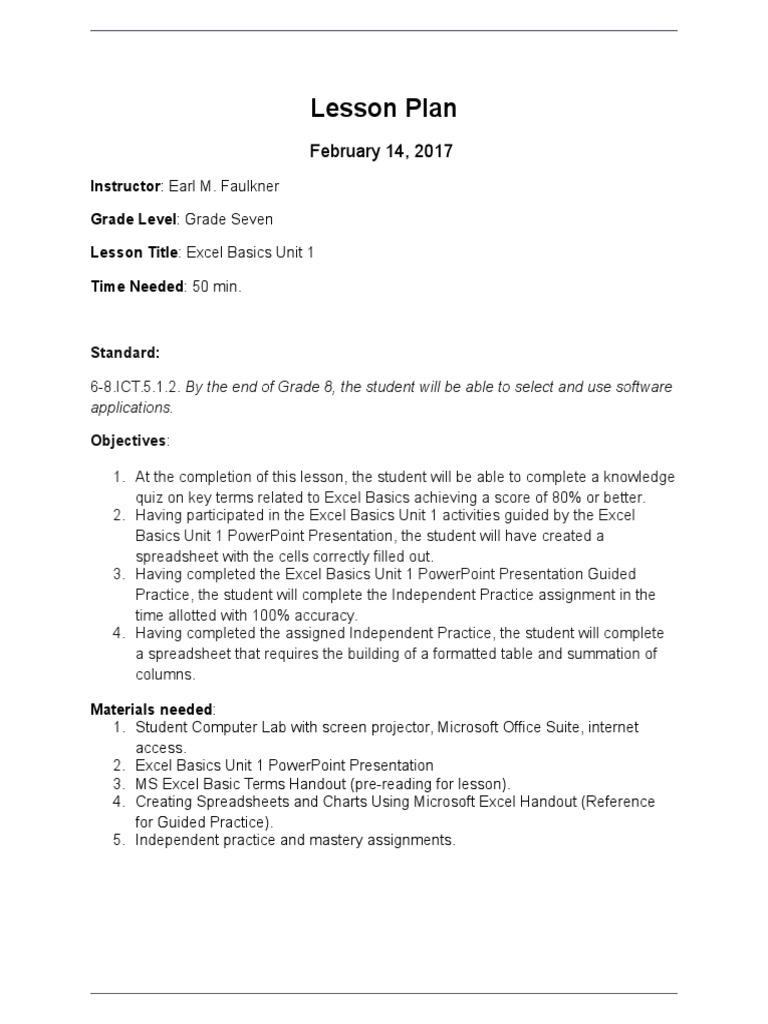 Lesson Plan | Microsoft Excel | Spreadsheet