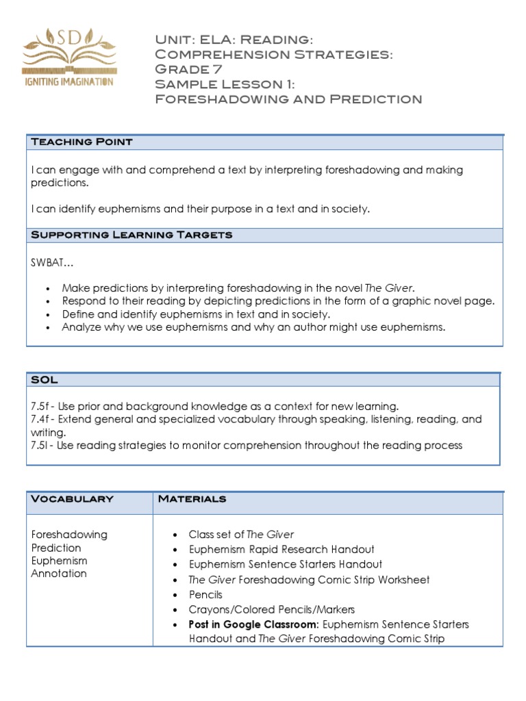 Portfolio Lesson Plan - Foreshadowing | PDF | Reading Comprehension ...