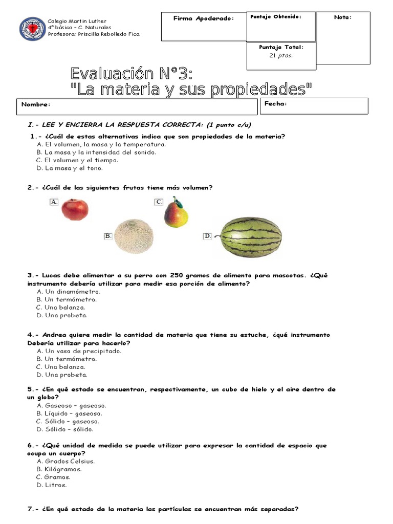 Evalaucion Materia y Sus Propiedades | PDF | Volumen | Agua