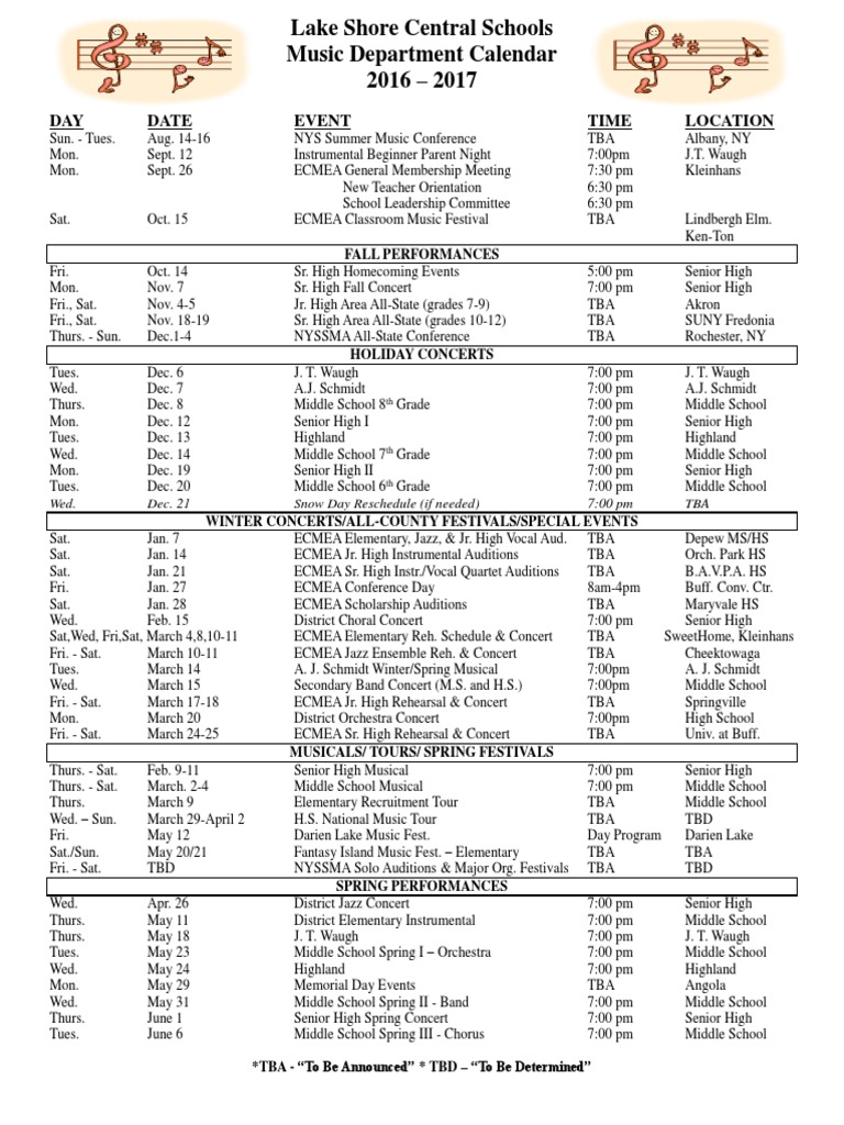 Music Dept Calendar 16-17 Final | PDF | Performing Arts | Entertainment