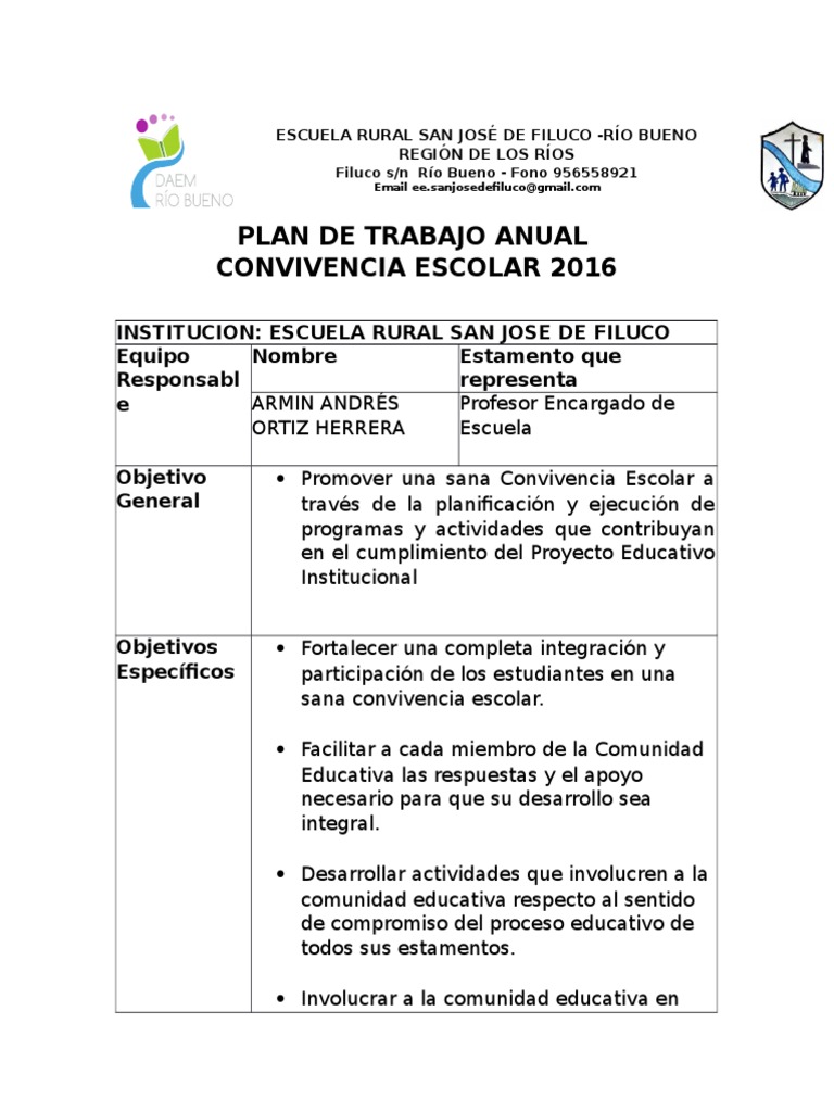 Plan de Trabajo Anual de Convivencia Escolar Escuela | Tecnología de ... Plan de Trabajo Anual de Convivencia Escolar Escuela | Tecnología de ...