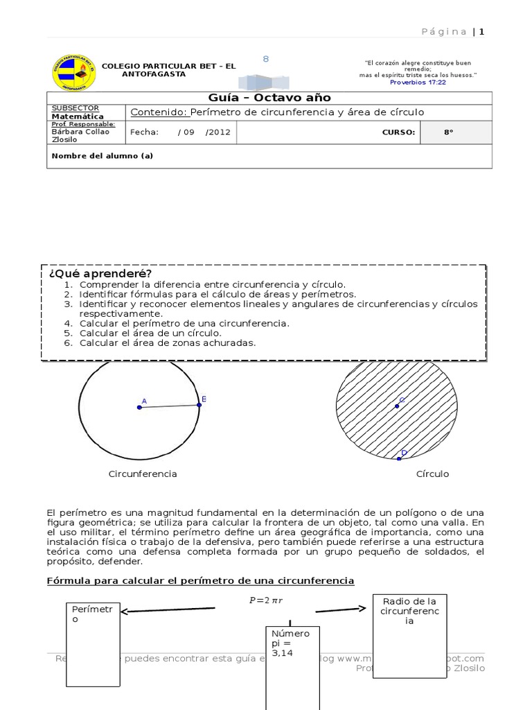 106765489-Guia-de-perimetro-y-area-de-circunferencia-y-circulo.docx | Pi | Circulo