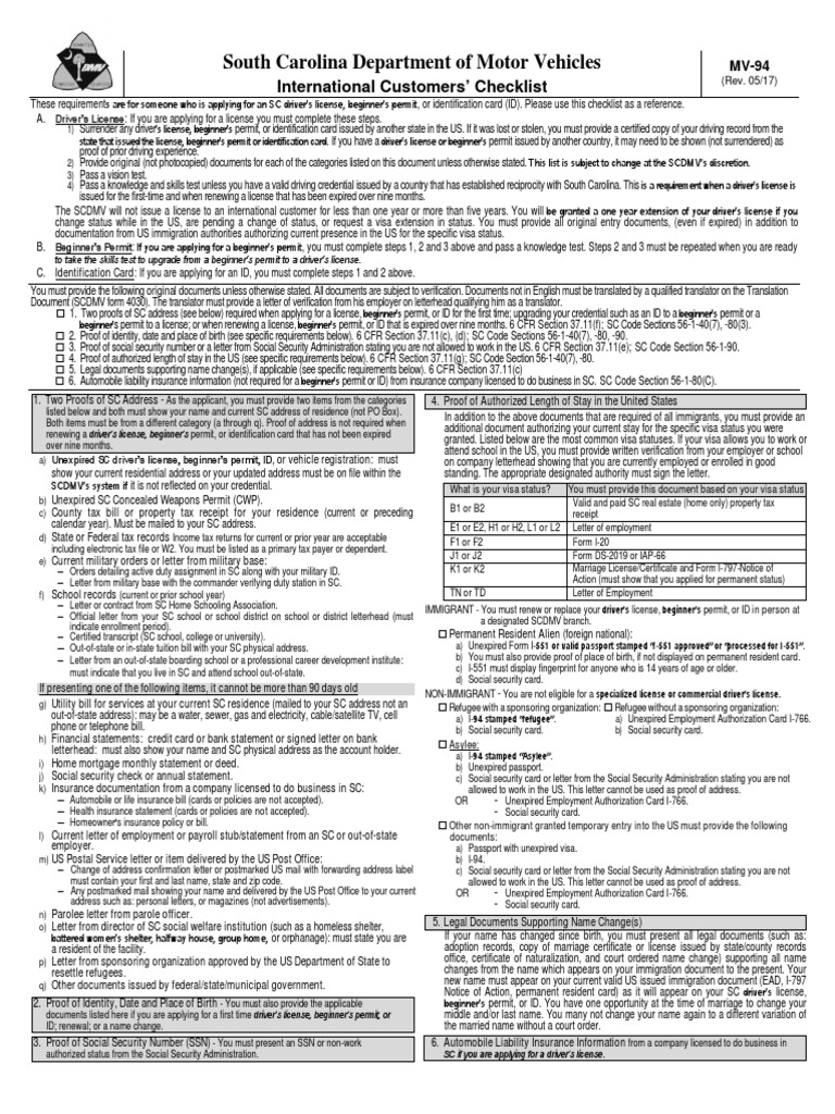 International Customers' Checklist (SCDMV Form MV-94) | PDF | Identity ...