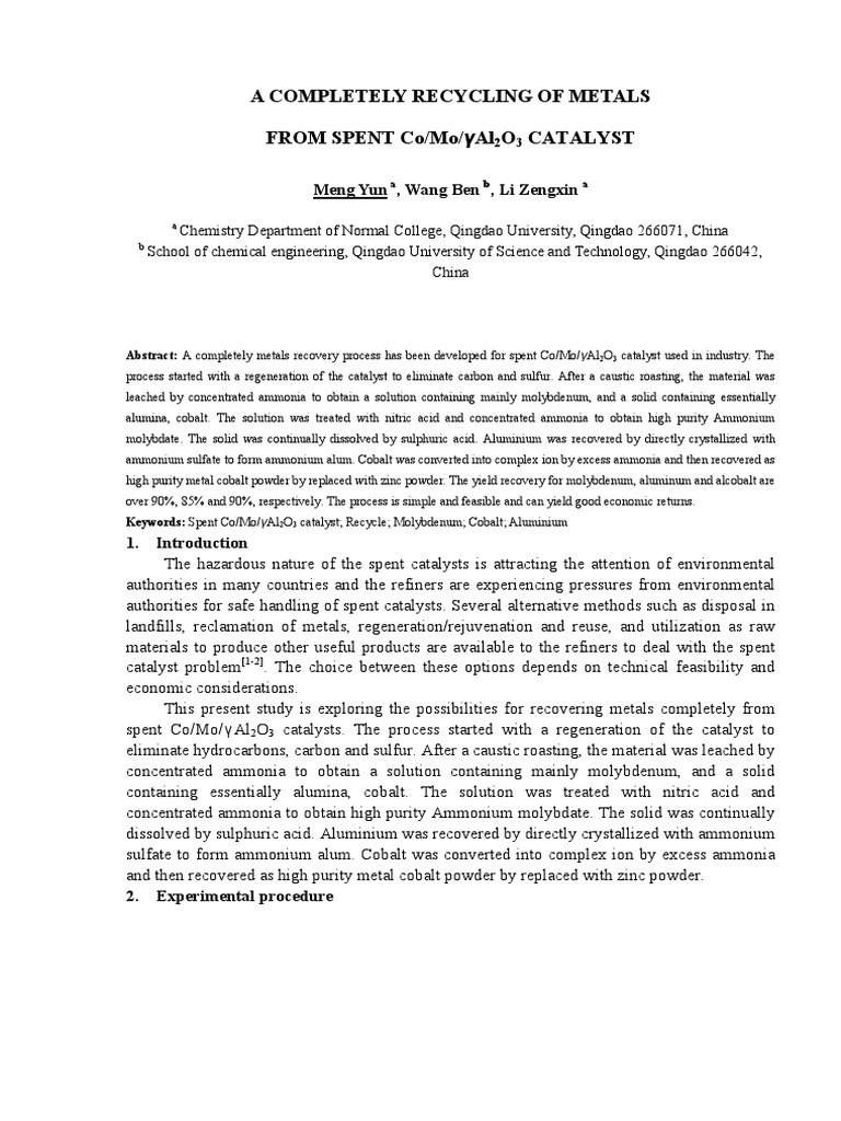 Recycling of Metals From Spent Catalyst PDF | PDF | Molybdenum | Cobalt