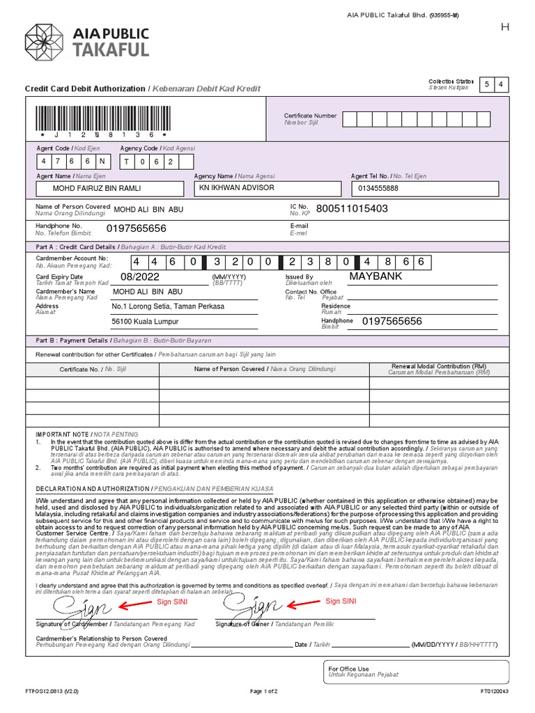 Contoh Borang Autodebit Credit Card AIA Takaful | PDF