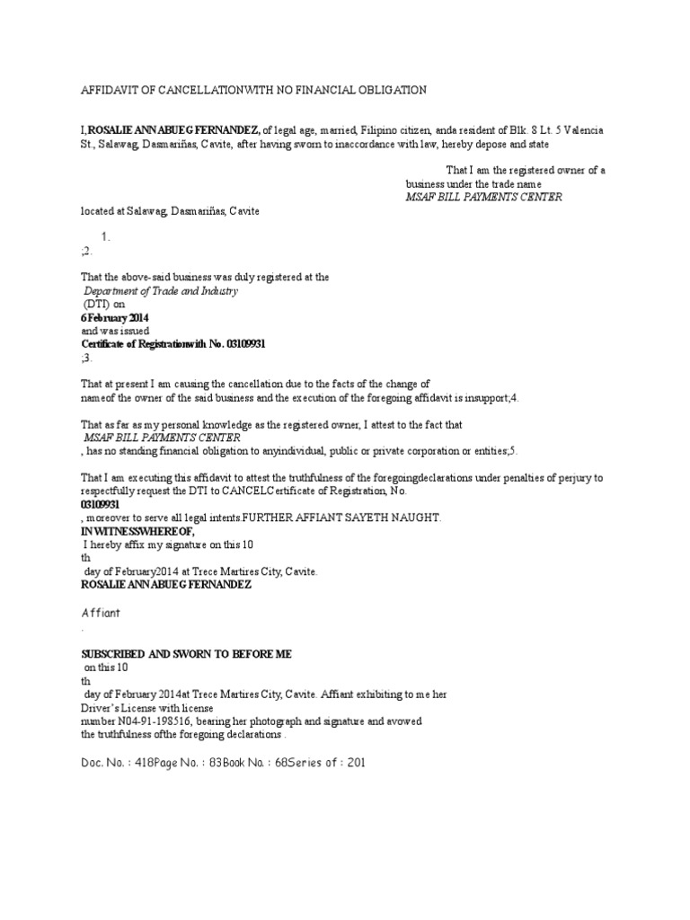 Affidavit of Cancellationwith No Financial Obligation | PDF