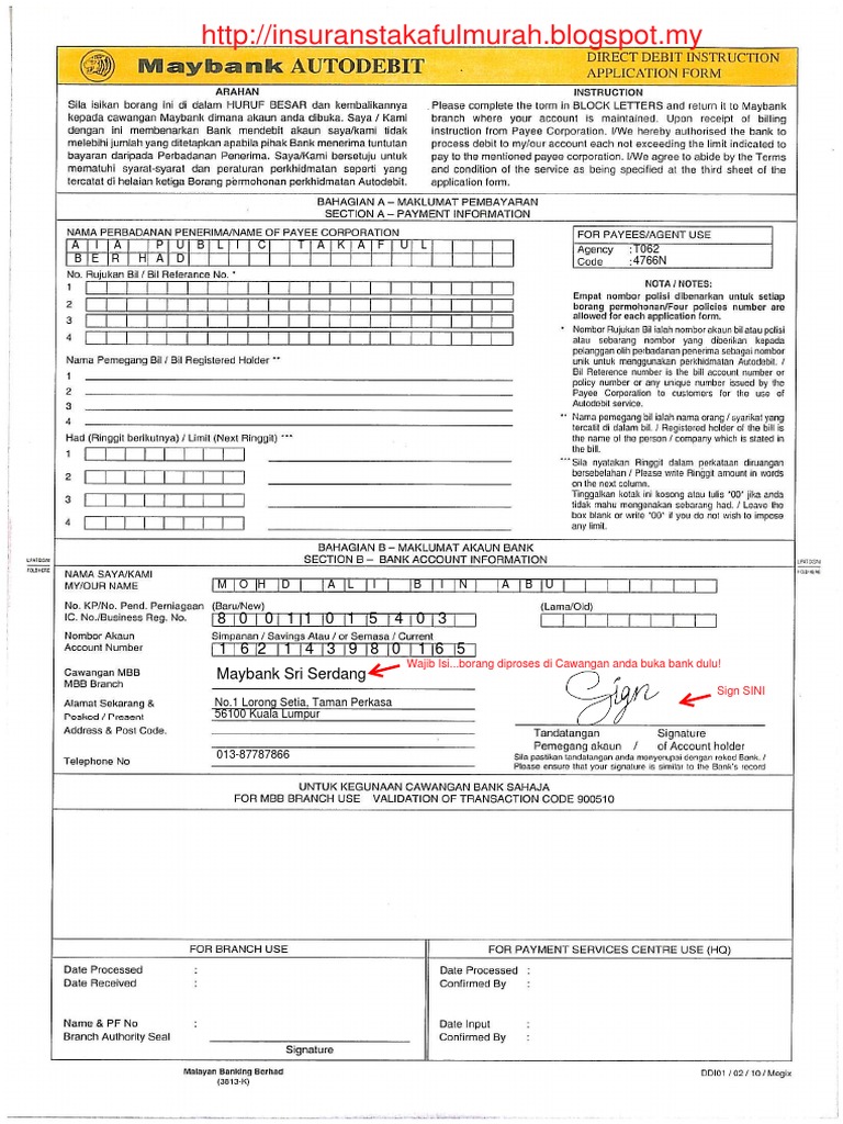 Contoh Borang Autodebit Maybank AIA Takaful | PDF