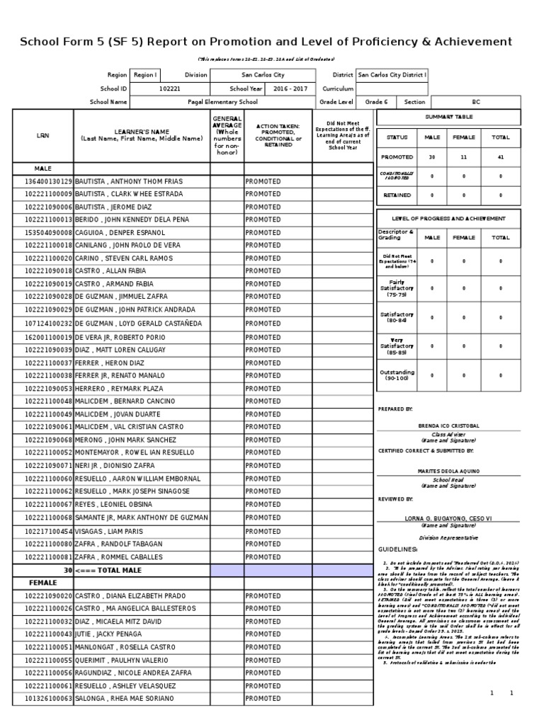 School Form 5 (SF 5) Report On Promotion and Level of Proficiency ...
