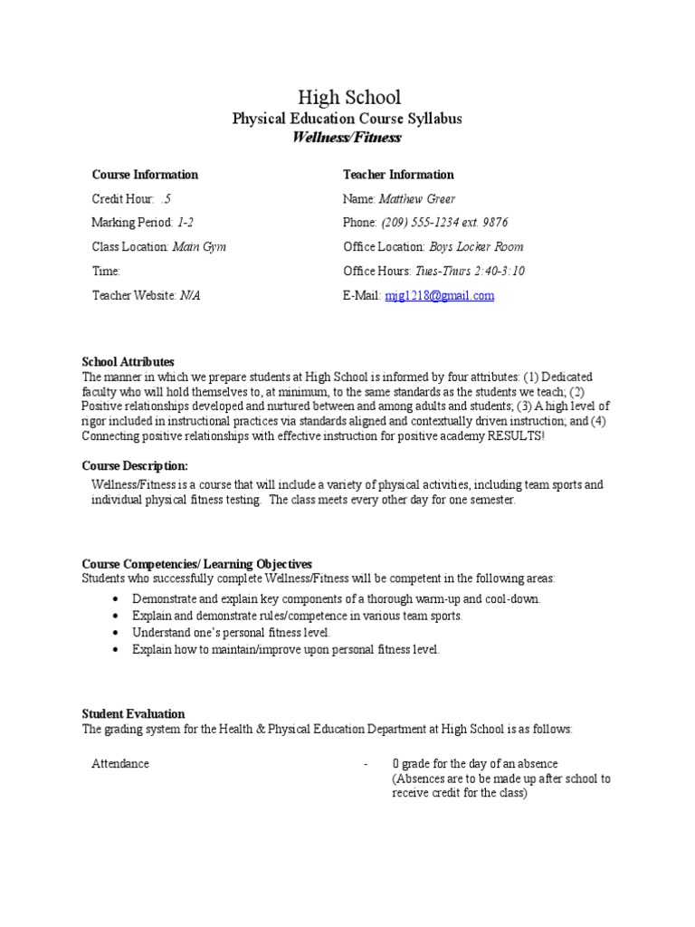 Pe Class Syllabus | PDF | Physical Education | Quality Of Life
