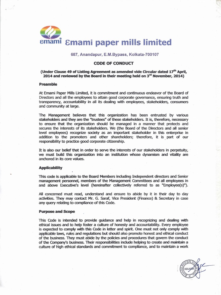 Emami Paper Code of Conduct | PDF | Board Of Directors | Risk Management