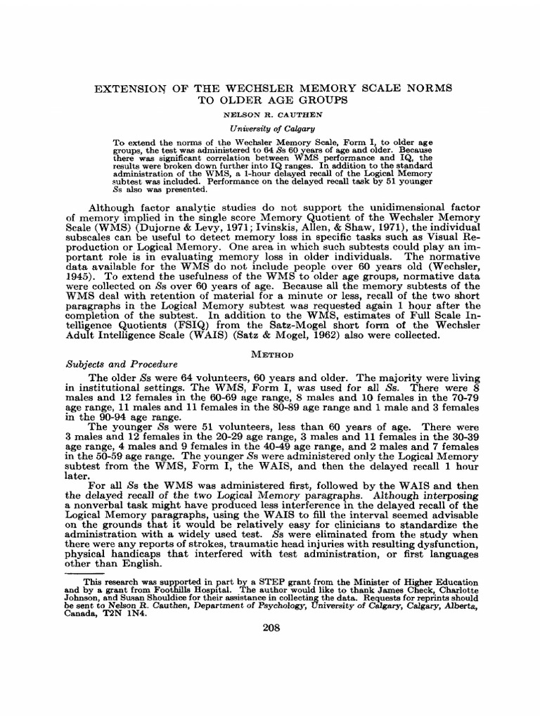 Extending Norms of the Wechsler Memory Scale to Older Age Groups | PDF ...