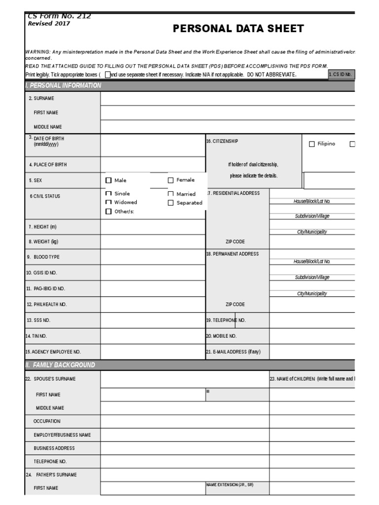 CS Form No. 212 Revised Personal Data Sheet 2 Revised 2017 | PDF ...