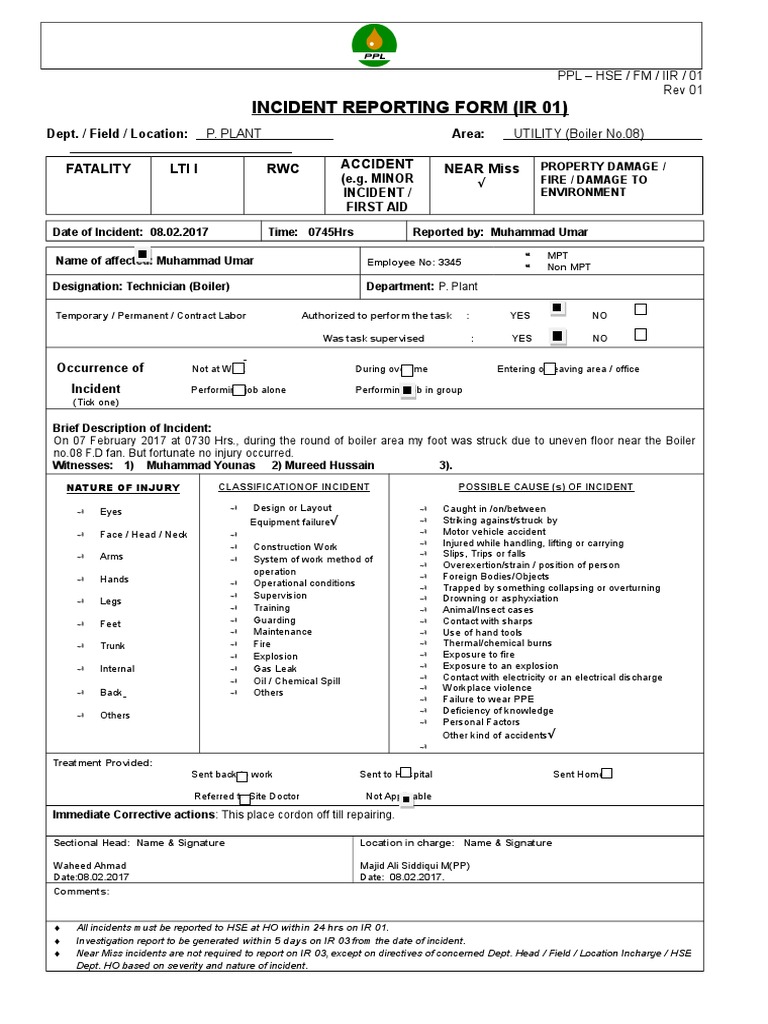 Incident Reporting Form (Ir 01) : Fatality Lti I RWC Accident NEAR Miss ...