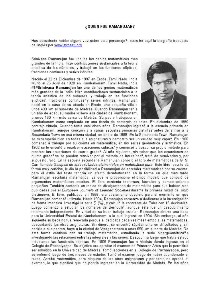 Biografia Ramanujan | PDF | Ecuaciones | Objetos matemáticos