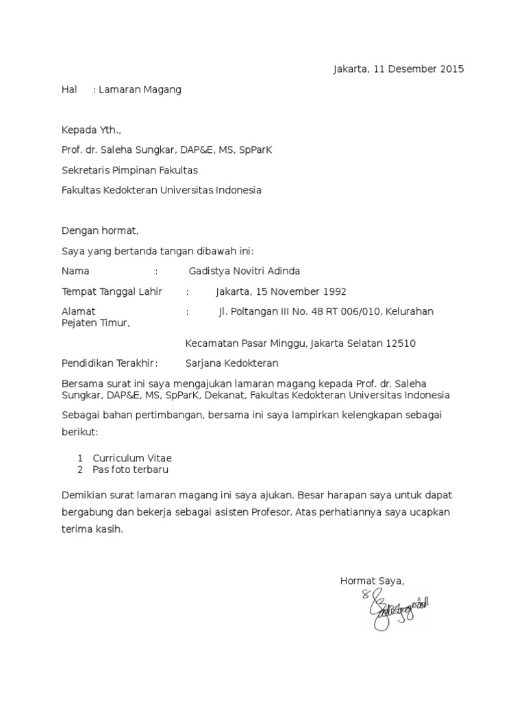 Surat Lamaran Magang Dekanat | PDF