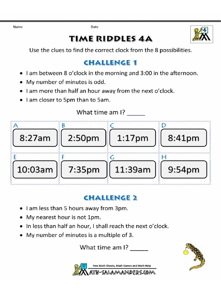 Free Clock Worksheets Time Riddles 4a | PDF