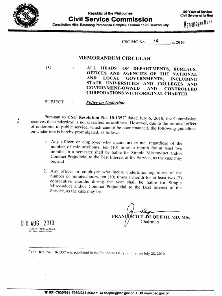 Undertime CSC MC 16, 2010 PDF | PDF