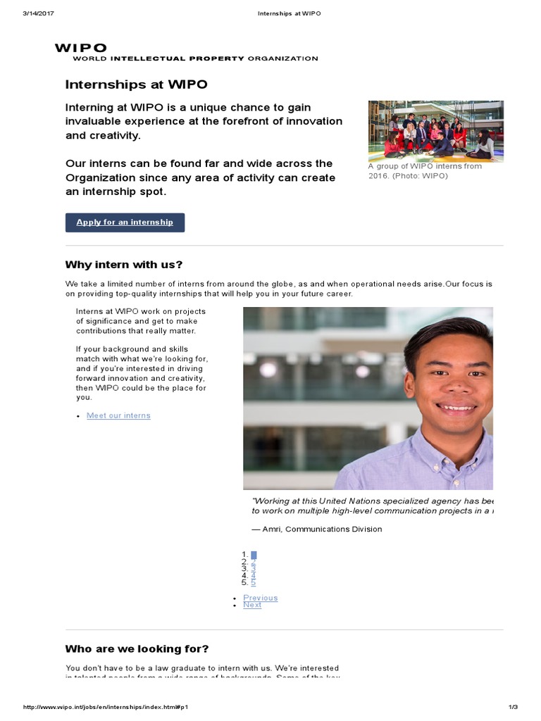 Internships at WIPO | PDF | World Intellectual Property Organization | Internship