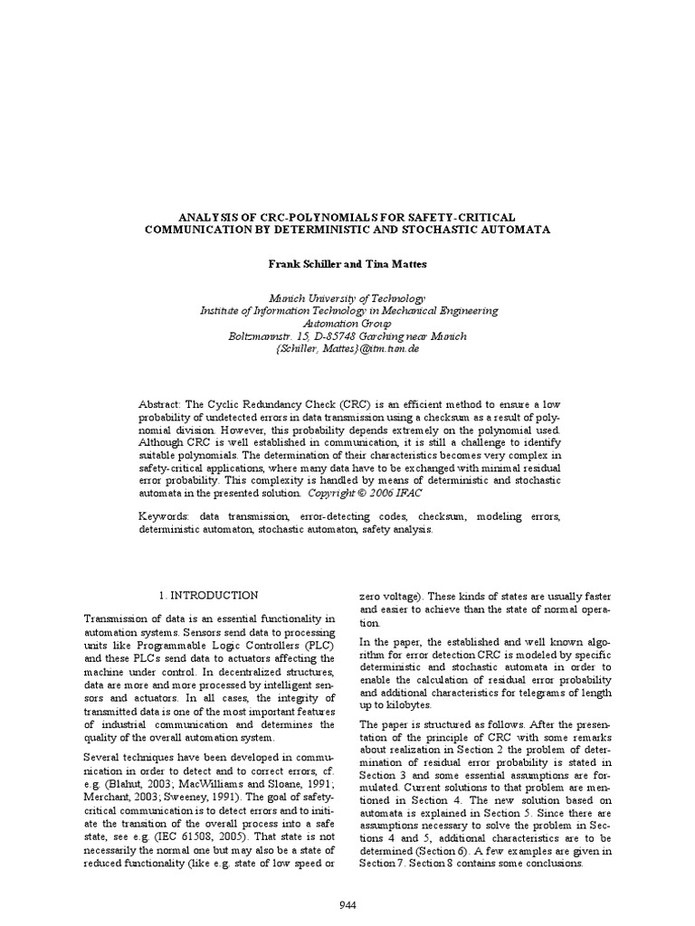 Analysis of Crc-Polynomials For Safety-Critical | PDF | Error Detection And Correction ...