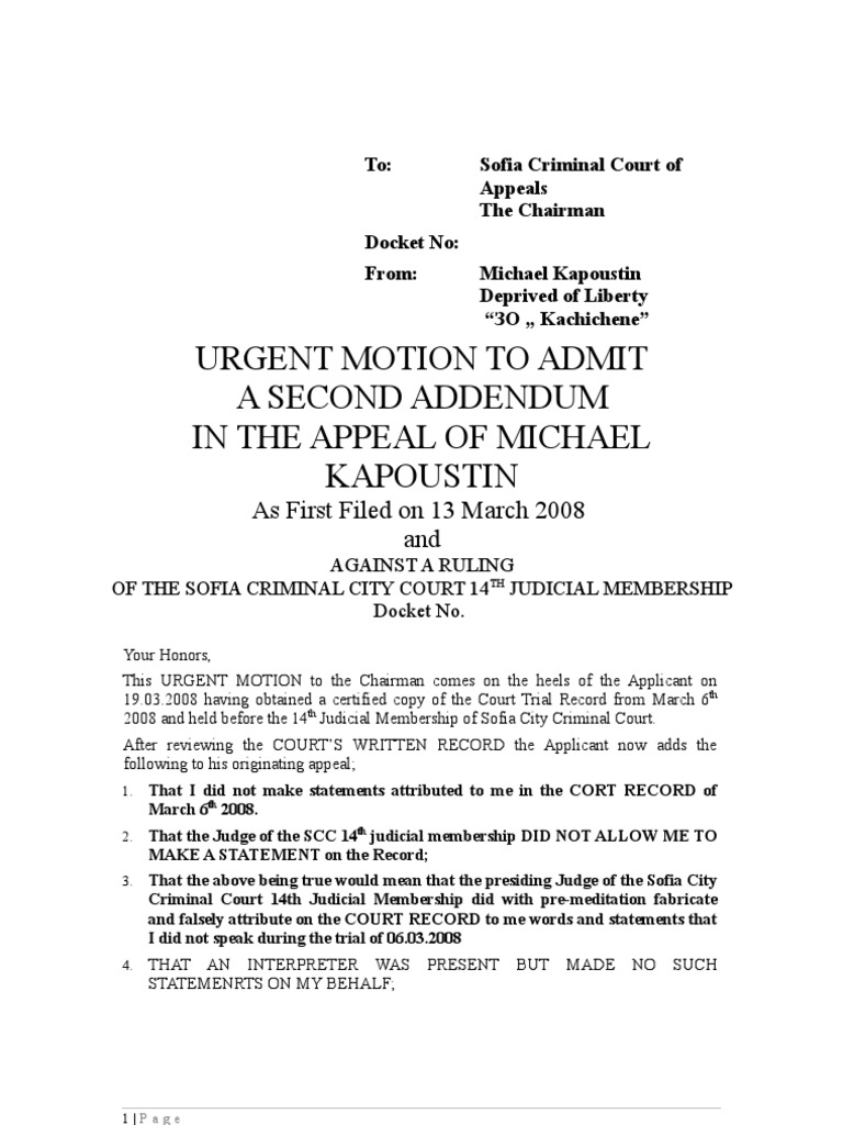 Urgent Motion To Admit A Second Addendum in The Appeal of Michael ...