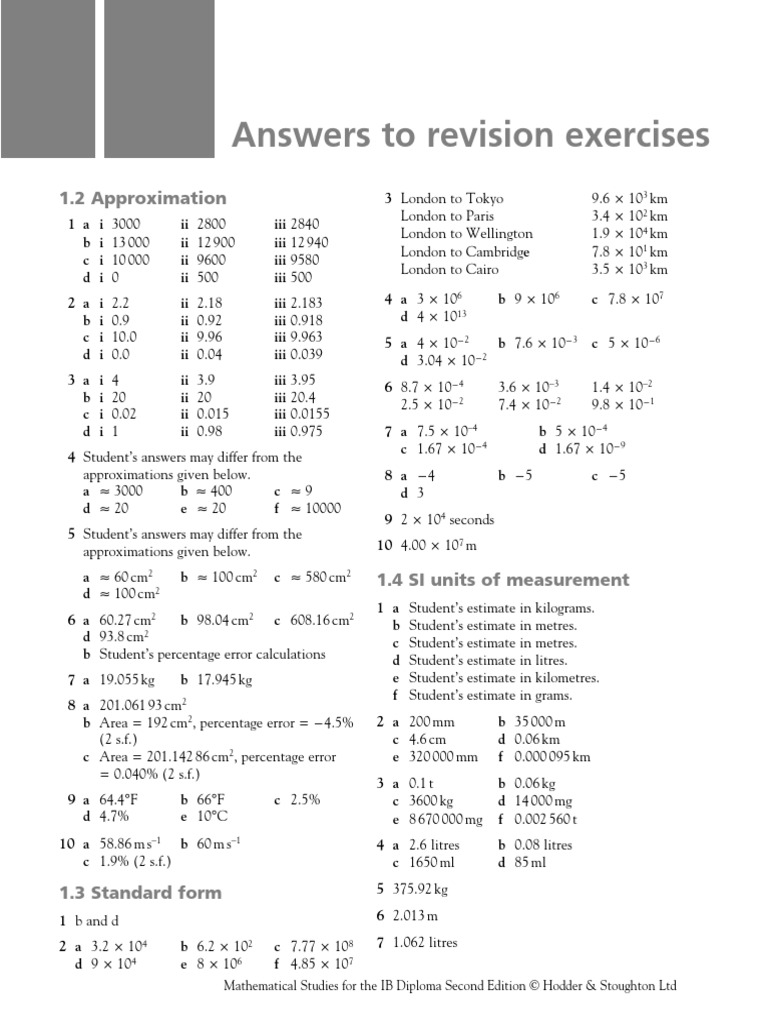 Mathematical Studies IB Answers to Revision Exercises Hoddereducation ...