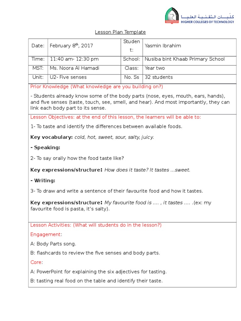 First Lesson Plan Tasting | PDF | Taste | Lesson Plan