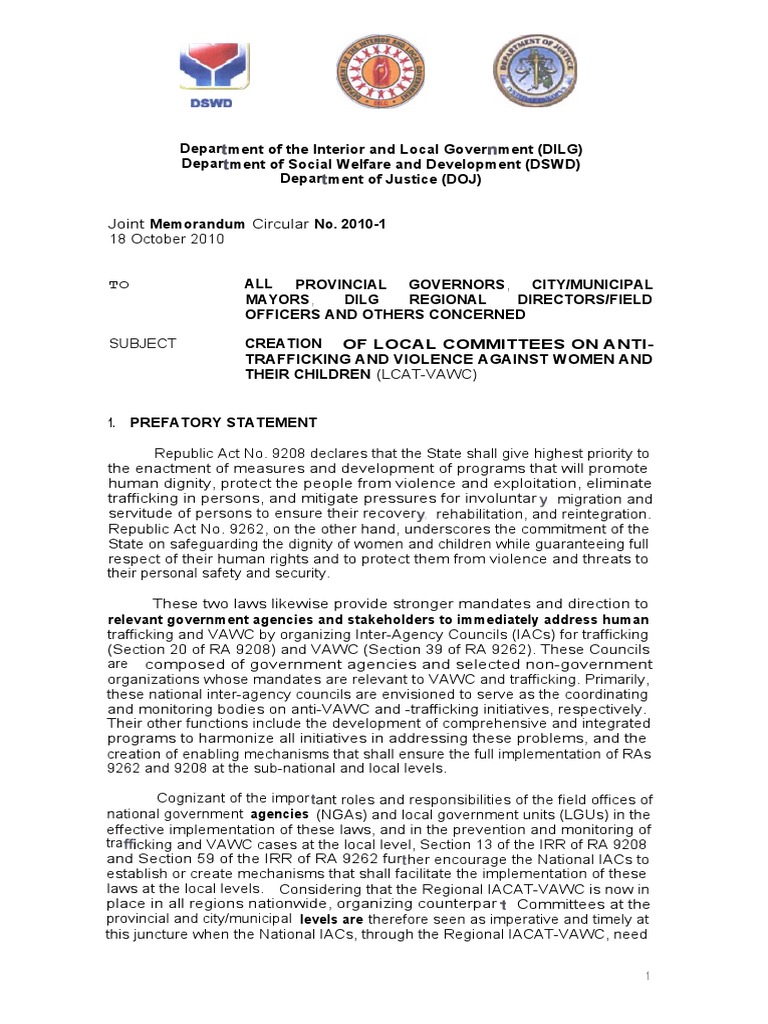 DILG-DSWD JMC 2010-01 (Creation of LCAT-VAWC).pdf | Human Trafficking ...