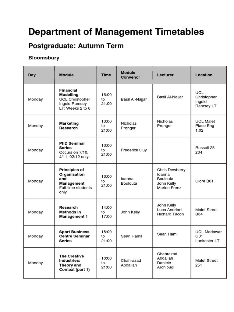 PG Timetable | University College London | Economics