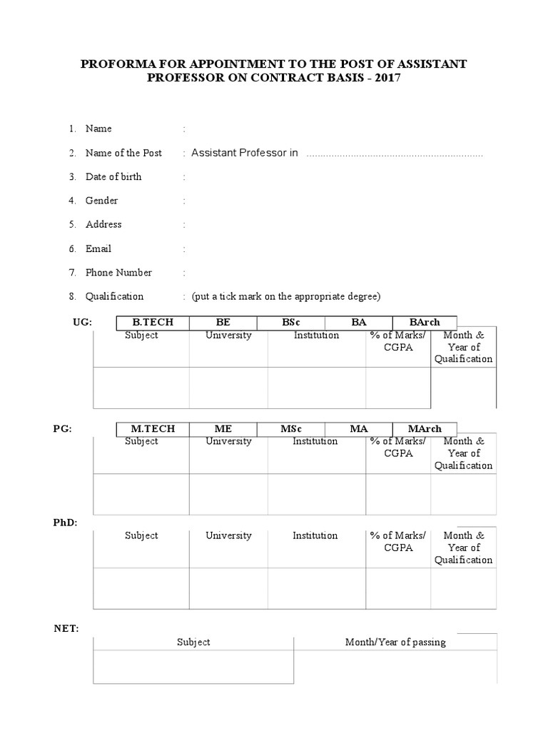 Proforma For Appointment To The Post of Assistant Professor On Contract ...
