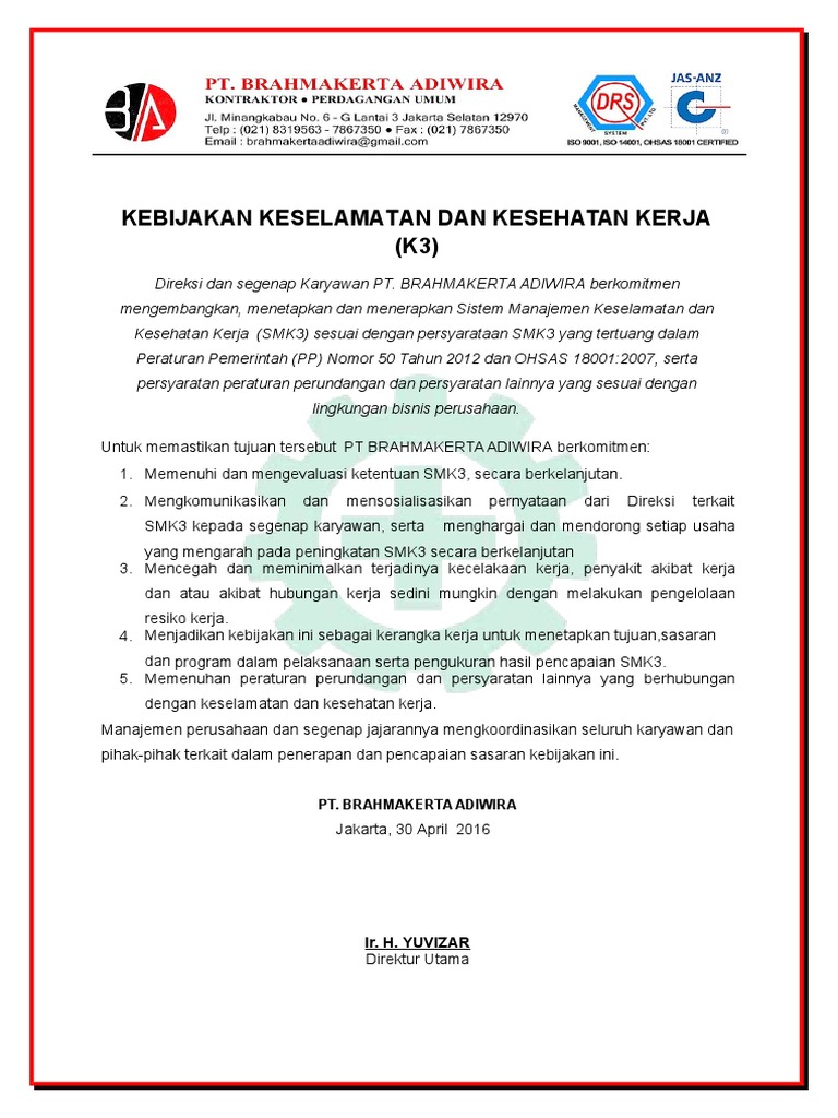 Kebijakan K3 | PDF