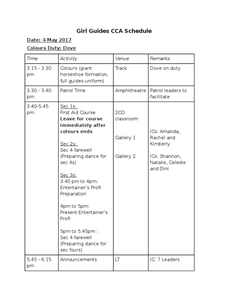 Girl Guides CCA Schedule - May 2017 | PDF | Language Arts & Discipline ...