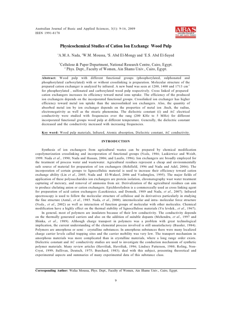 Physicochemical Studies of Cation Ion Exchange Wood Pulp | PDF ...
