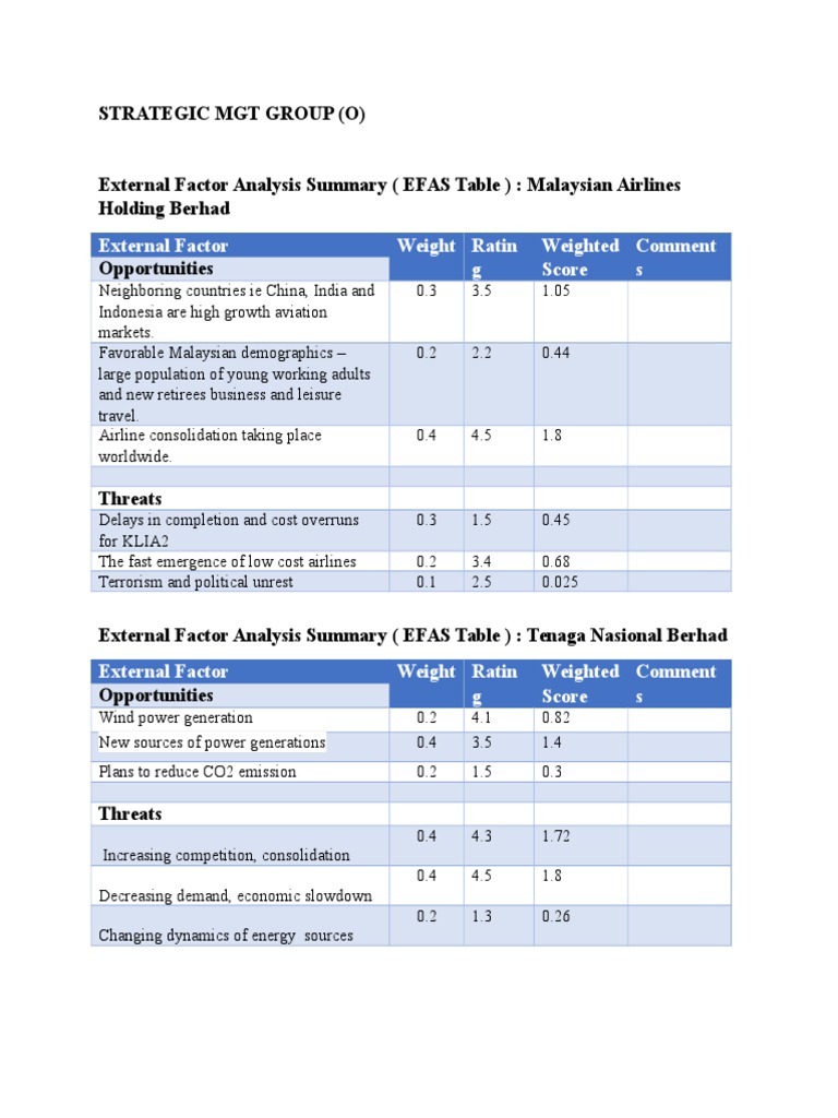 Strategic MGT Group (O) : External Factor Weight Ratin G Weighted Score Comment S | PDF