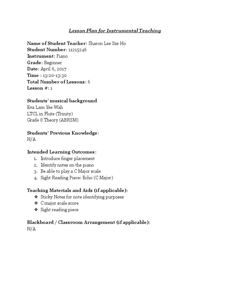 Lesson Plan For Instrumental Teaching | PDF