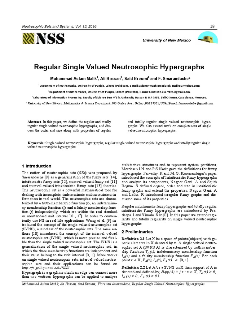 Regular Single Valued Neutrosophic Hypergraphs | PDF | Vertex (Graph Theory) | Combinatorics