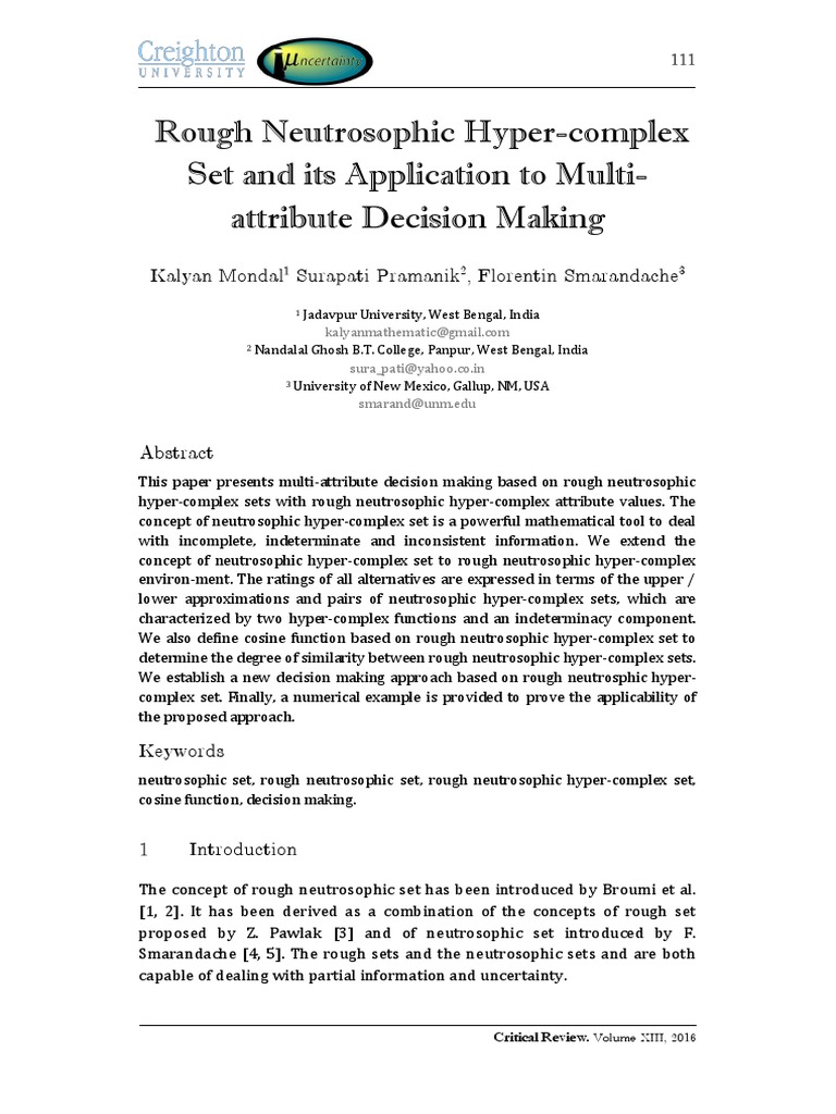 Rough Neutrosophic Hyper-Complex Set and Its Application To Multiattribute Decision Making | PDF ...