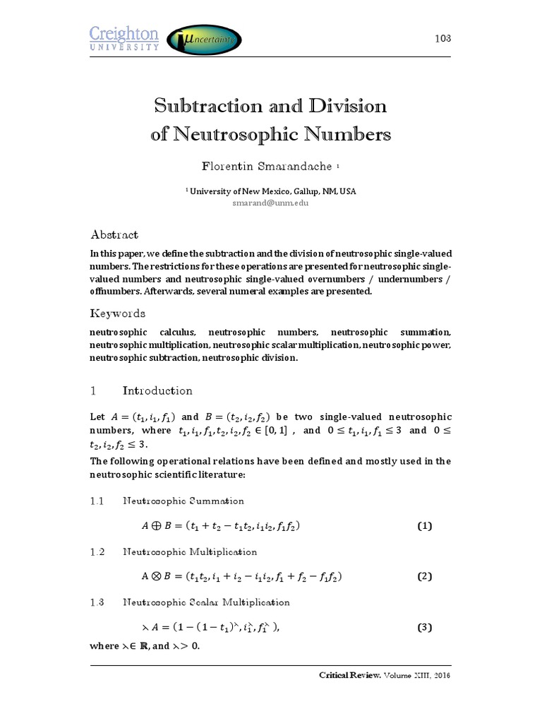 Subtraction and Division of Neutrosophic Numbers | PDF | Teaching Mathematics | Mathematical ...