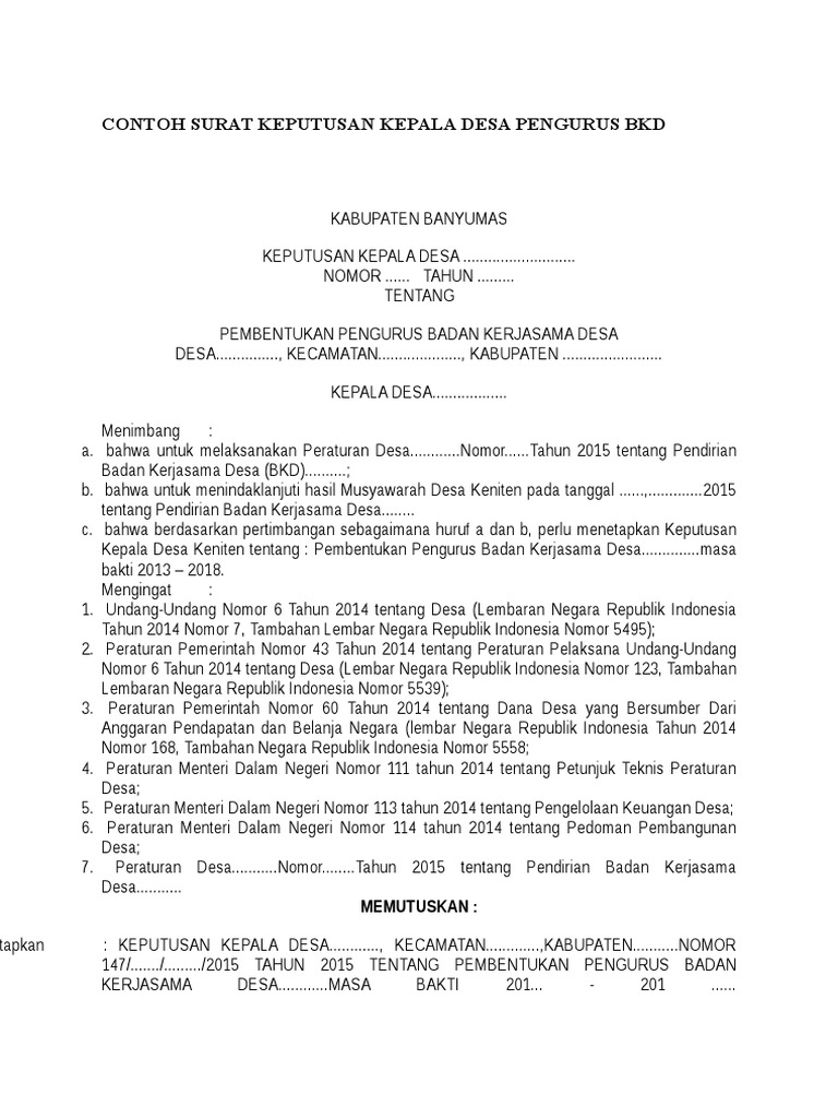 Contoh Surat Keputusan Kepala Desa Pengurus BKD | PDF