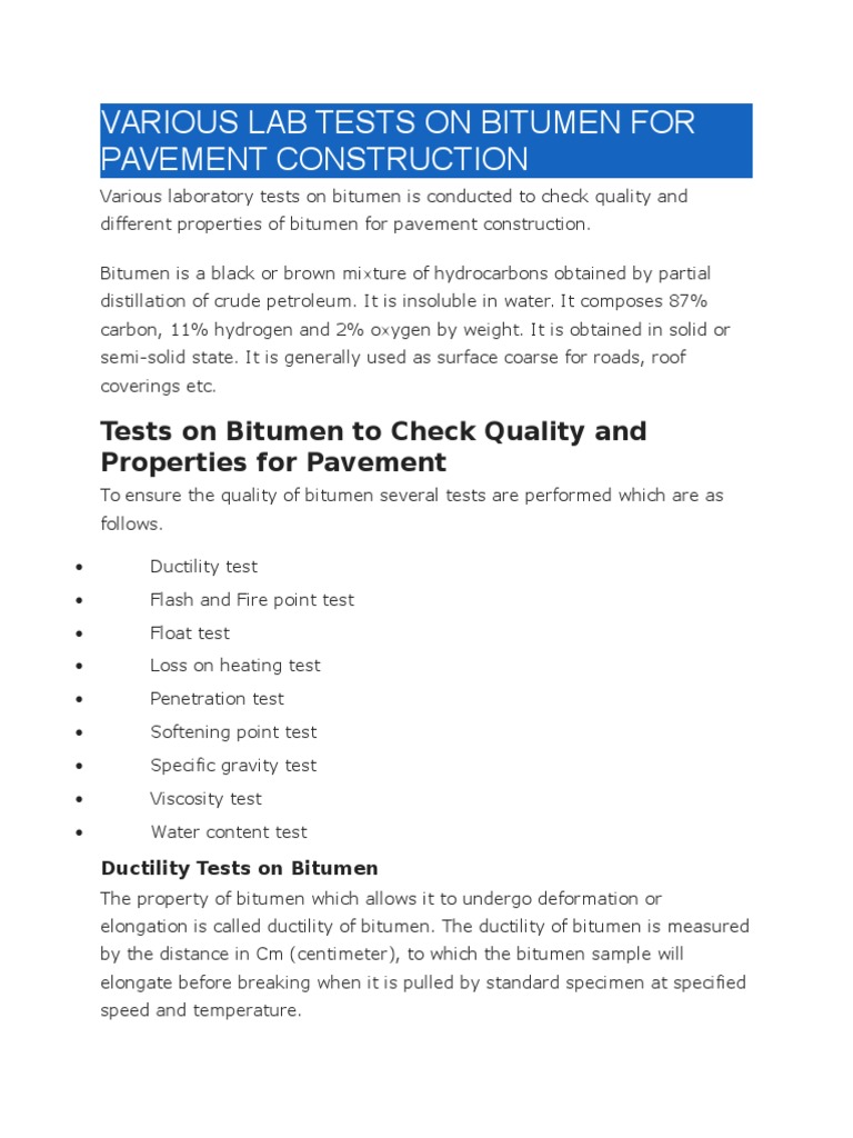 Various Lab Tests on Bitumen for Pavement Construction | Asphalt ...