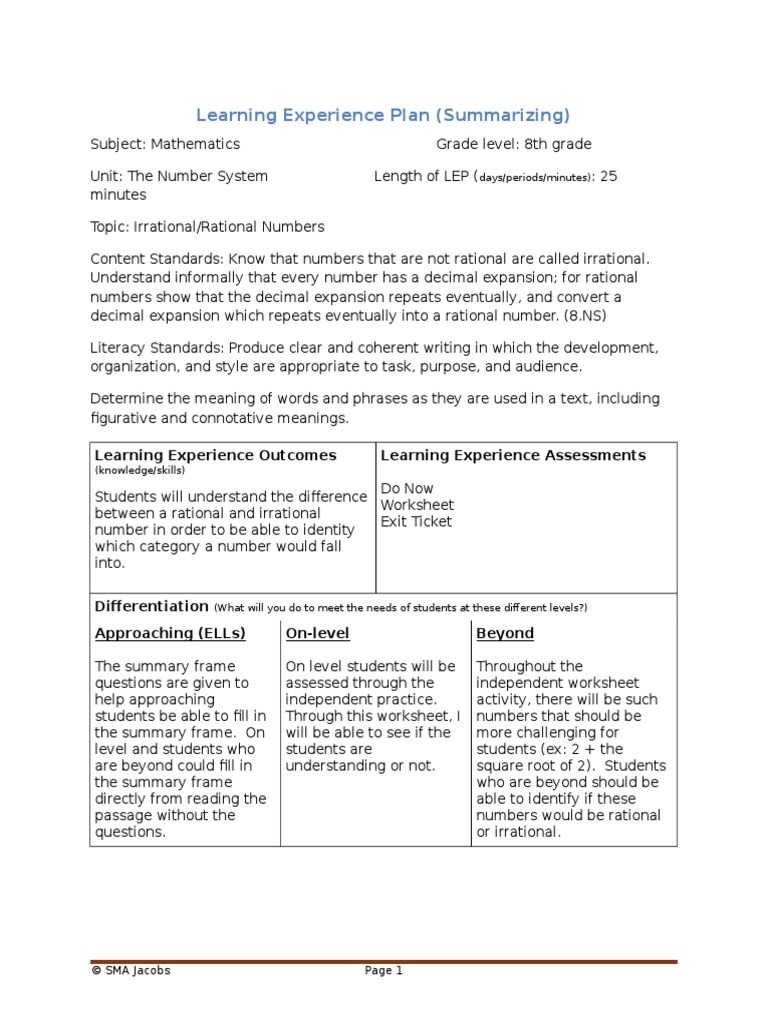 Lesson Plan Summarizing and Note Taking | PDF | Rational Number | Numbers