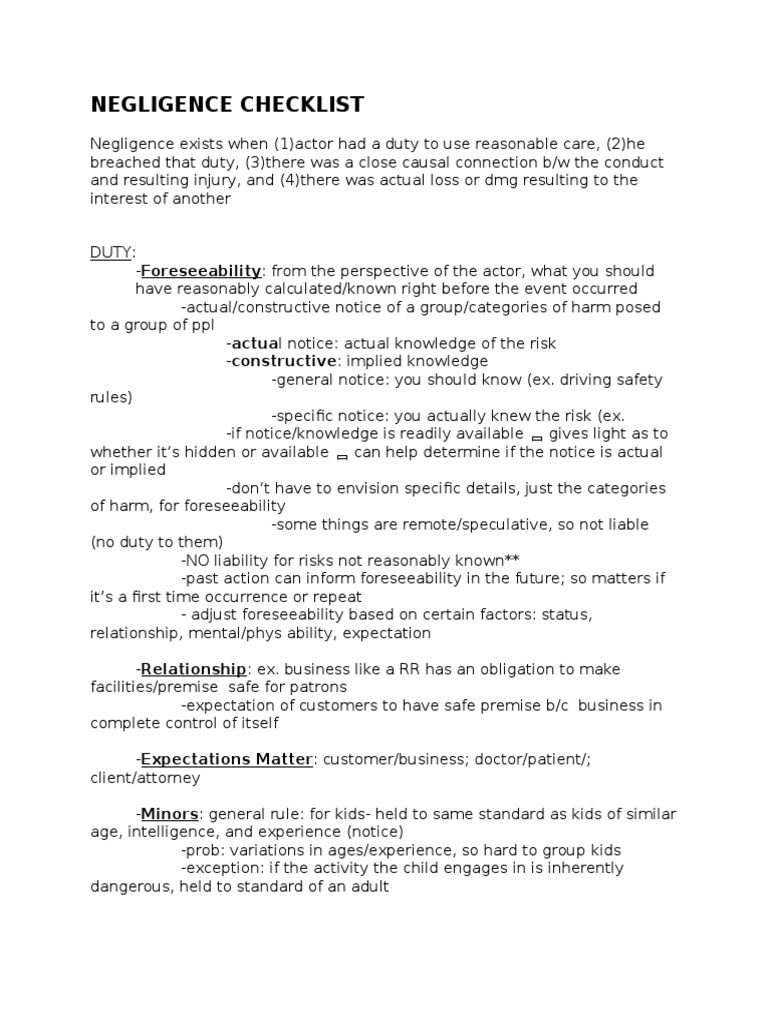 Negligence Checklist | PDF | Standard Of Care | Negligence