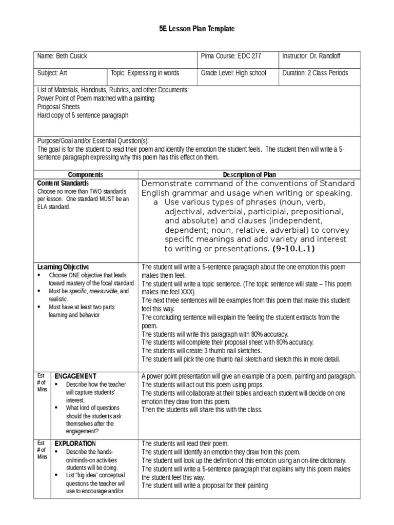 Lesson Plan 1 Unit Lesson 5e-Lesson-Plan-Template 2 | PDF | Lesson Plan ...