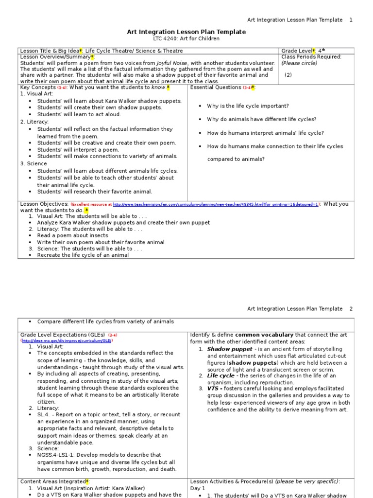Art Integration Lesson Plan Template: (Please Circle) | PDF ...